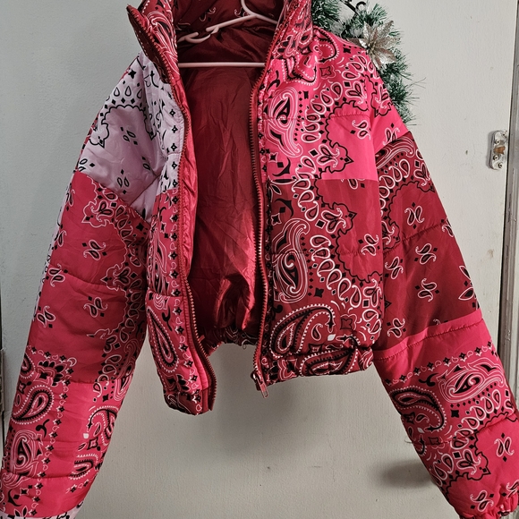 Jackets & Coats | Red Bandana Print Puffer Jacket | Poshmark